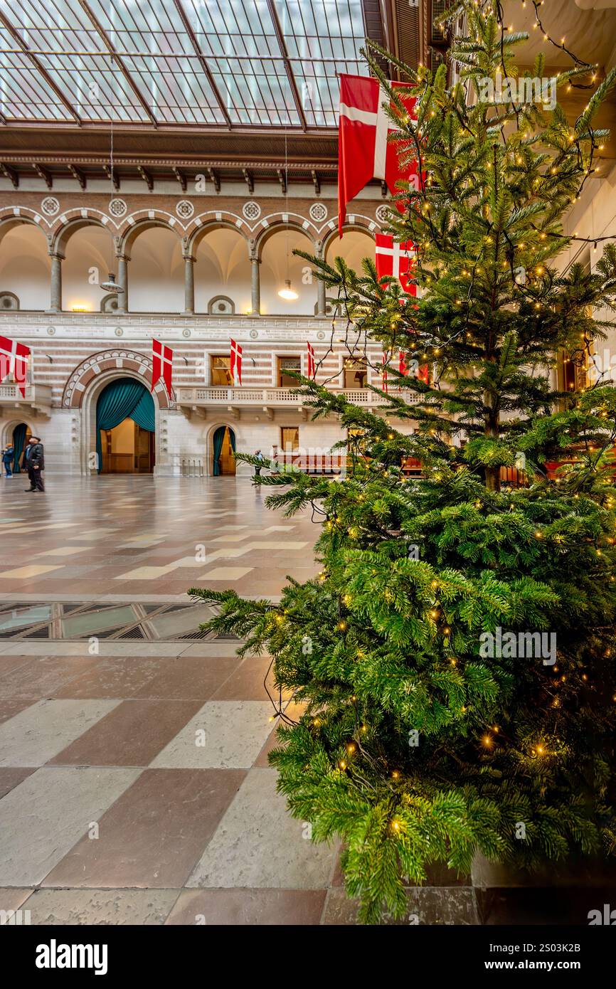 Atrium decorated with Danish flags in Copenhagen City Hall Stock Photo ...