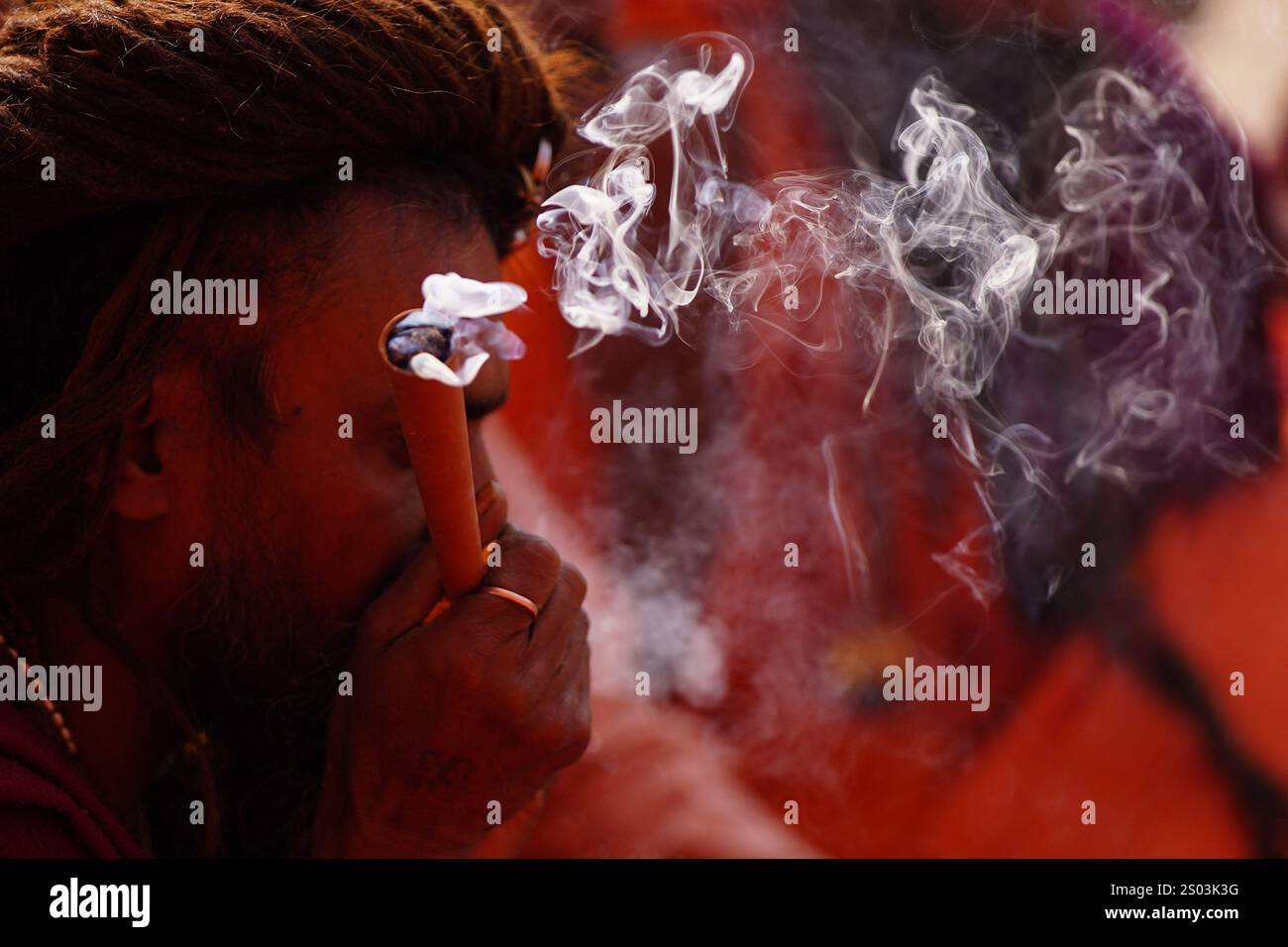 India. 22nd Dec, 2024. A Sadhu or Hindu holy man smokes marijuana using ...