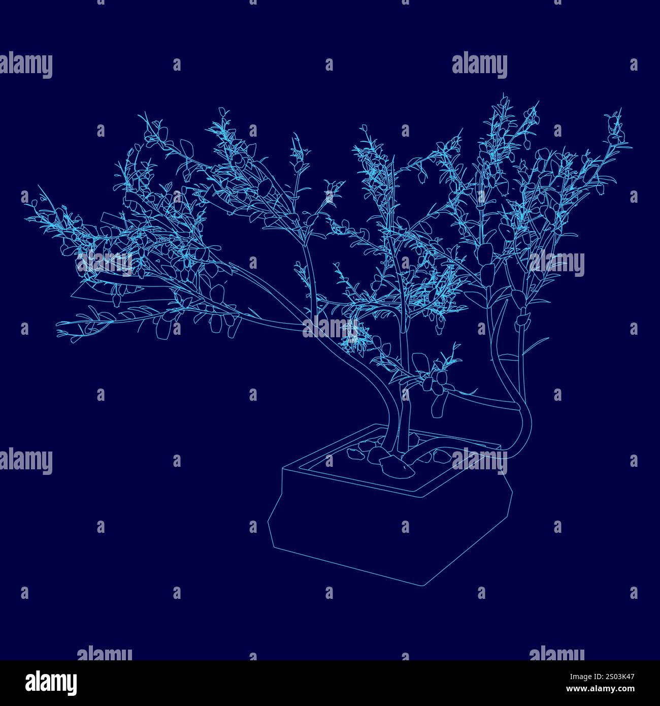 Blue drawing of a tree in a pot. The tree is small and has a lot of ...