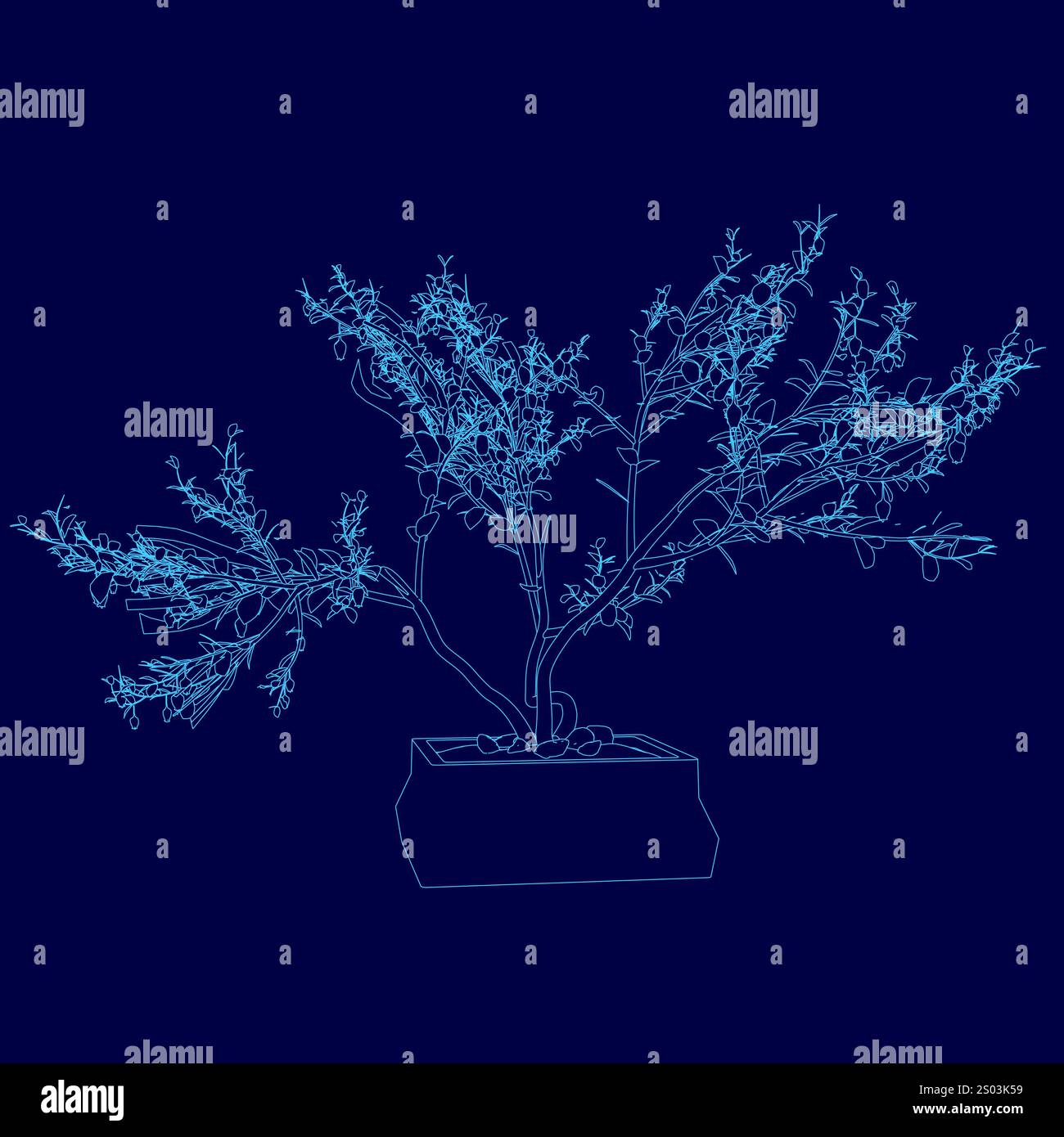 Blue image of a tree in a blue vase. The tree is surrounded by a blue ...