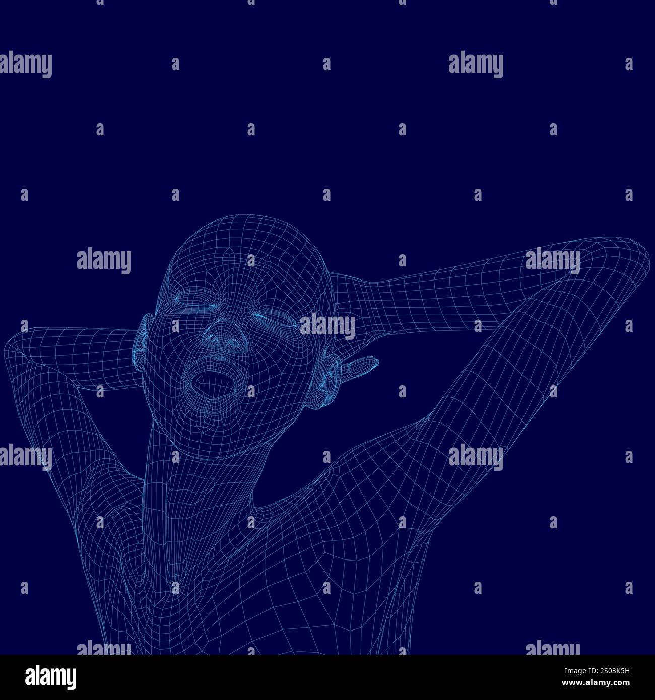 Woman with her hands on her head, looking sad. The image is in blue and ...