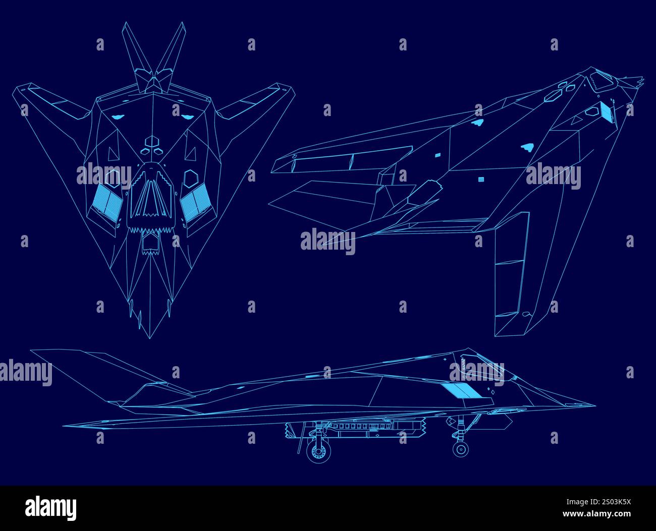 Blue contour drawing of a fighter jet is shown. The jet is shown from ...