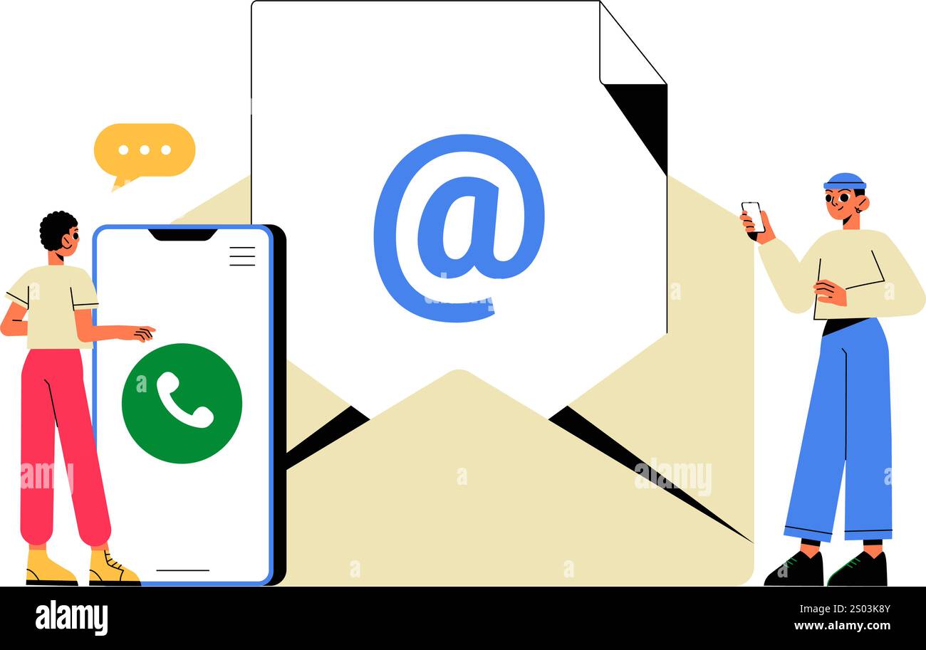 Male And Female Characters Communicating With Email And Phone In Flat ...