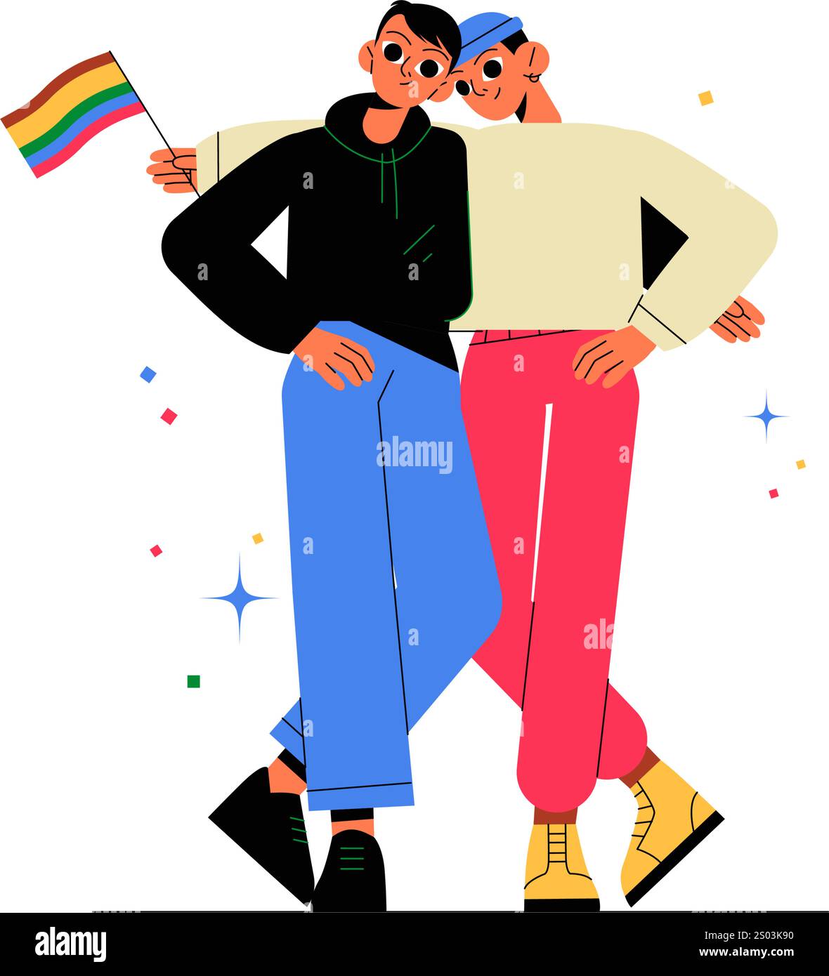 Two Individuals Holding A Rainbow Flag In Flat Vector Illustration ...
