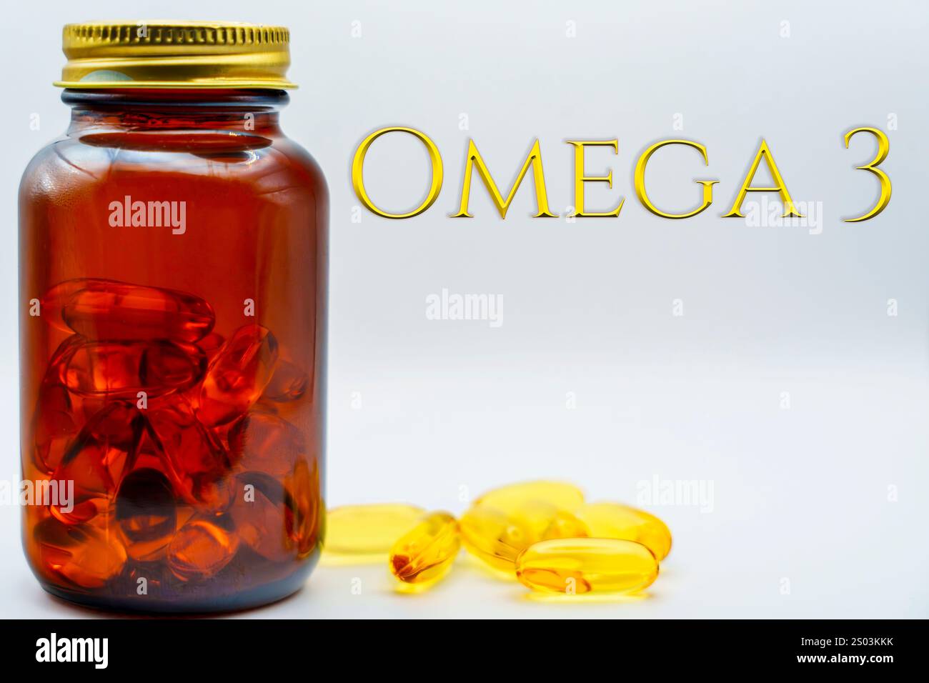 Amber jar filled with Omega-3 capsules, scattered capsules nearby, and ...