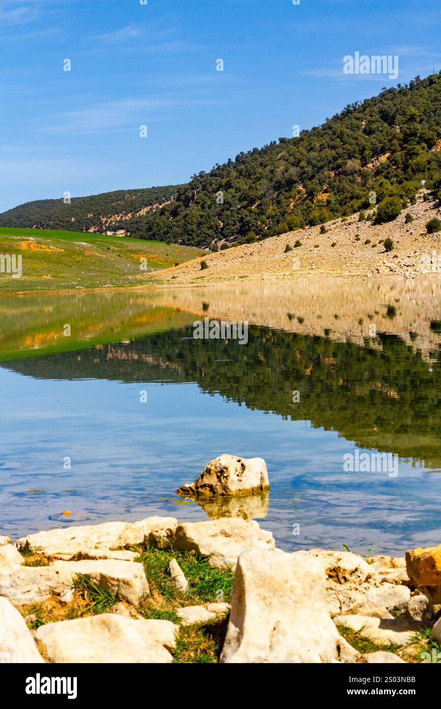 The beautiful crystal clear Aguelmame Sidi Ali Lake. Khenifra National ...