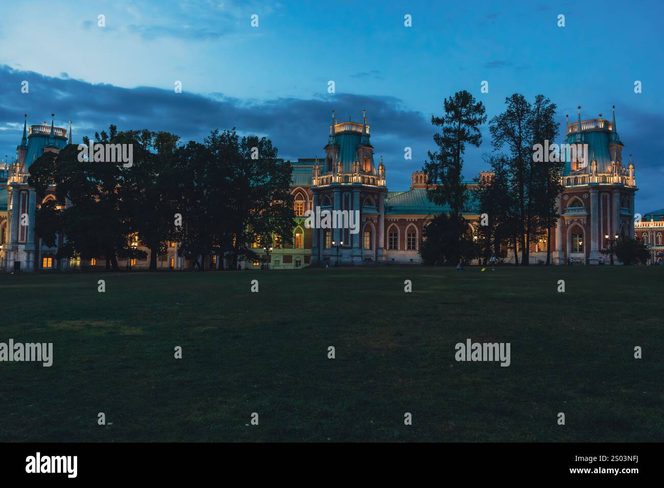 A panoramic view of a Gothic-style palace with glowing windows and ...