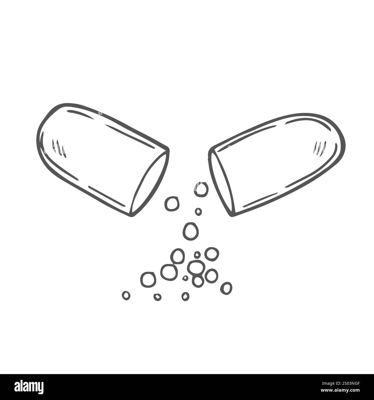 Opened capsule pill hand drawn outline doodle icon. Small balls pouring ...