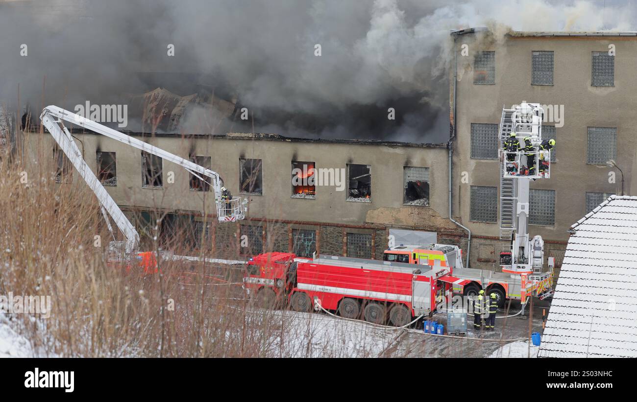 Firefighters fight with the fire of plastic sawdust in industrial ...