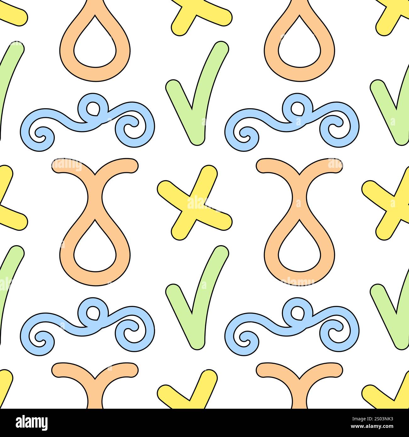 Playful seamless pattern featuring colorful loops, checkmarks, X shapes ...