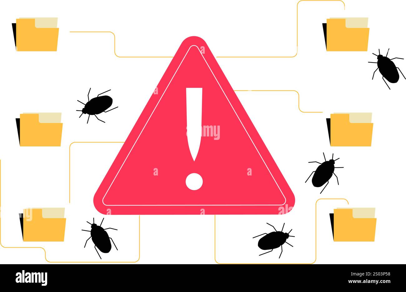 Warning Sign With Bugs And Files In Flat Vector Illustration ...