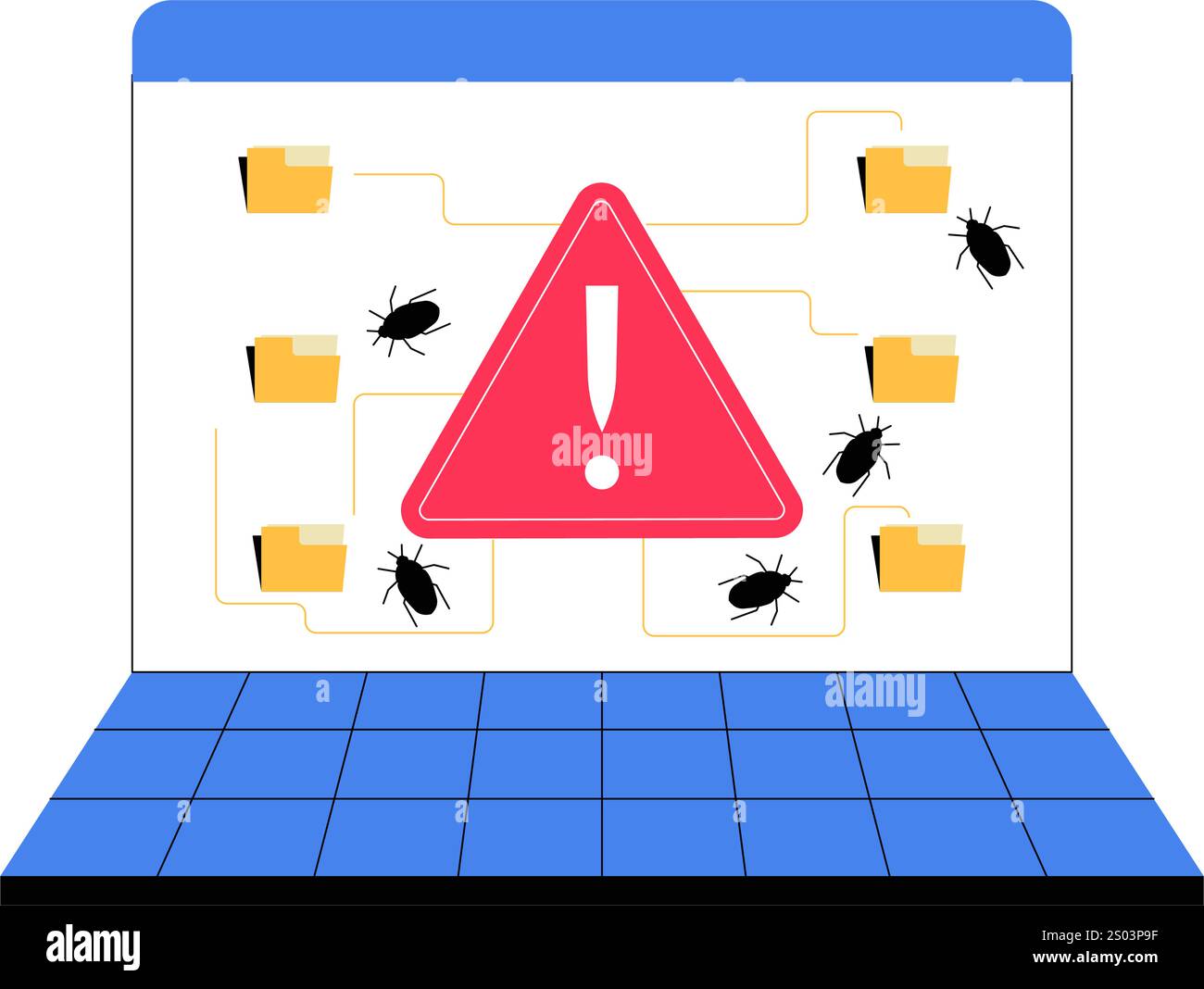 Laptop With Warning Icon And Bugs In Flat Vector Illustration ...