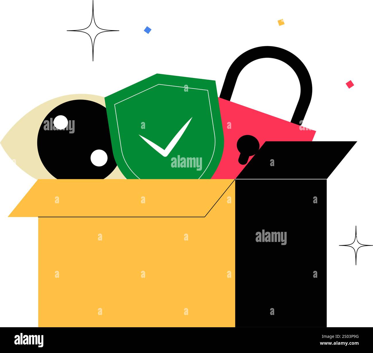 Open Box With Shield And Padlock In Flat Vector Illustration ...