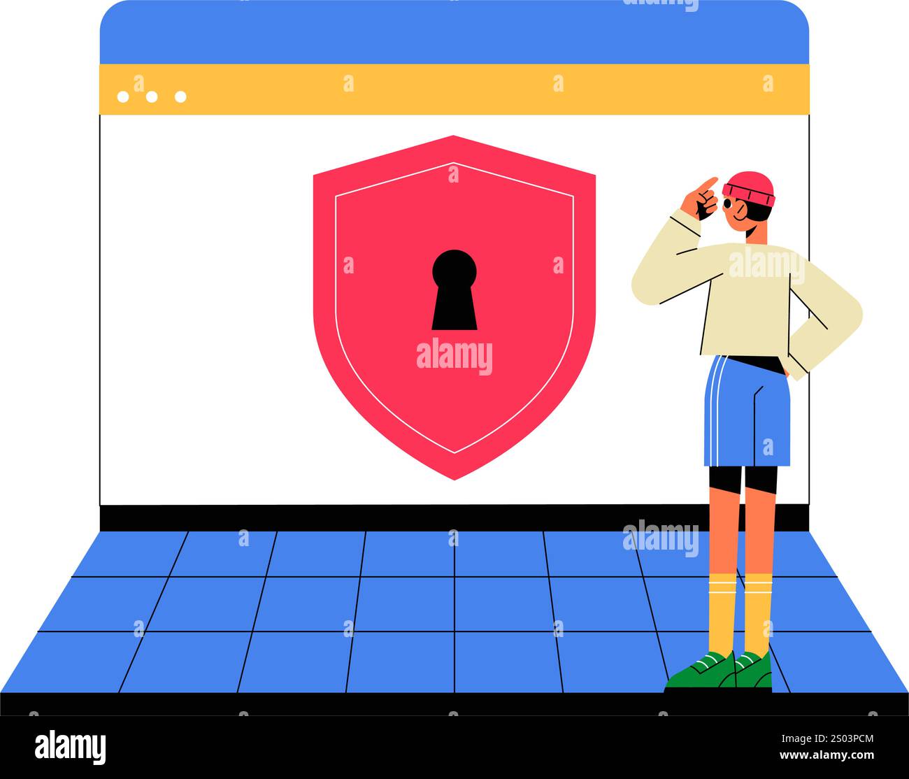 Data Protection Screen With Shield Icon And User In Flat Vector ...