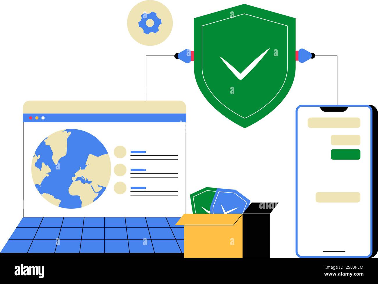Computer And Smartphone With Shield In Flat Vector Illustration Symbolizing Cybersecurity Data