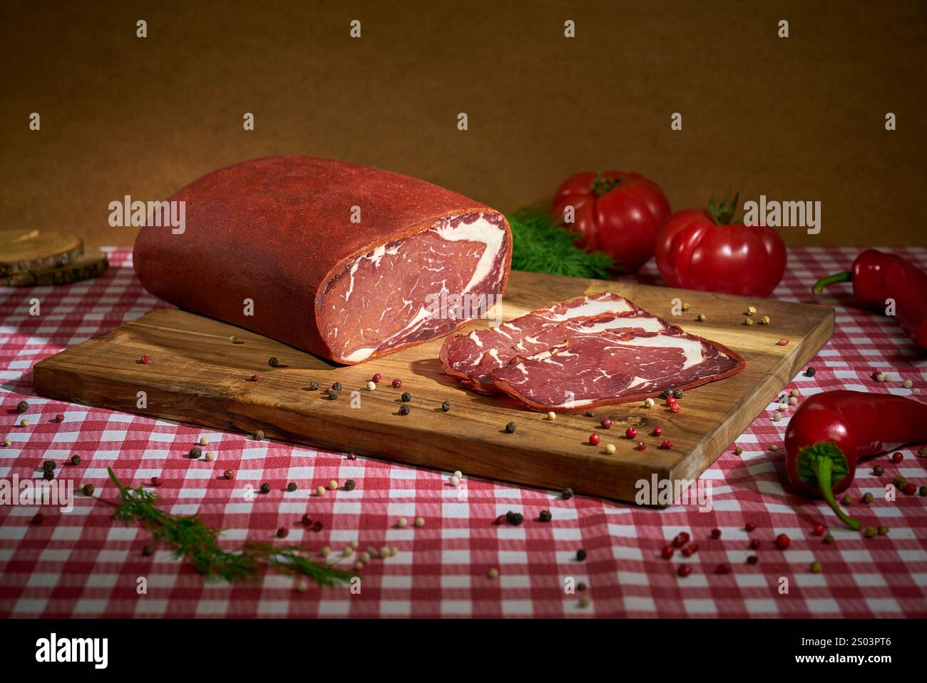 Still life photo of sliced pastrami Stock Photo - Alamy