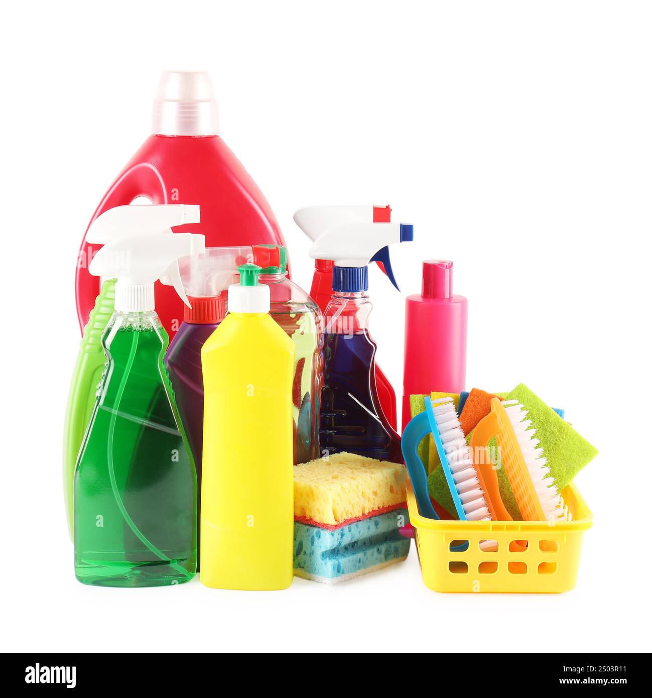 Set of different cleaning products isolated on white Stock Photo - Alamy