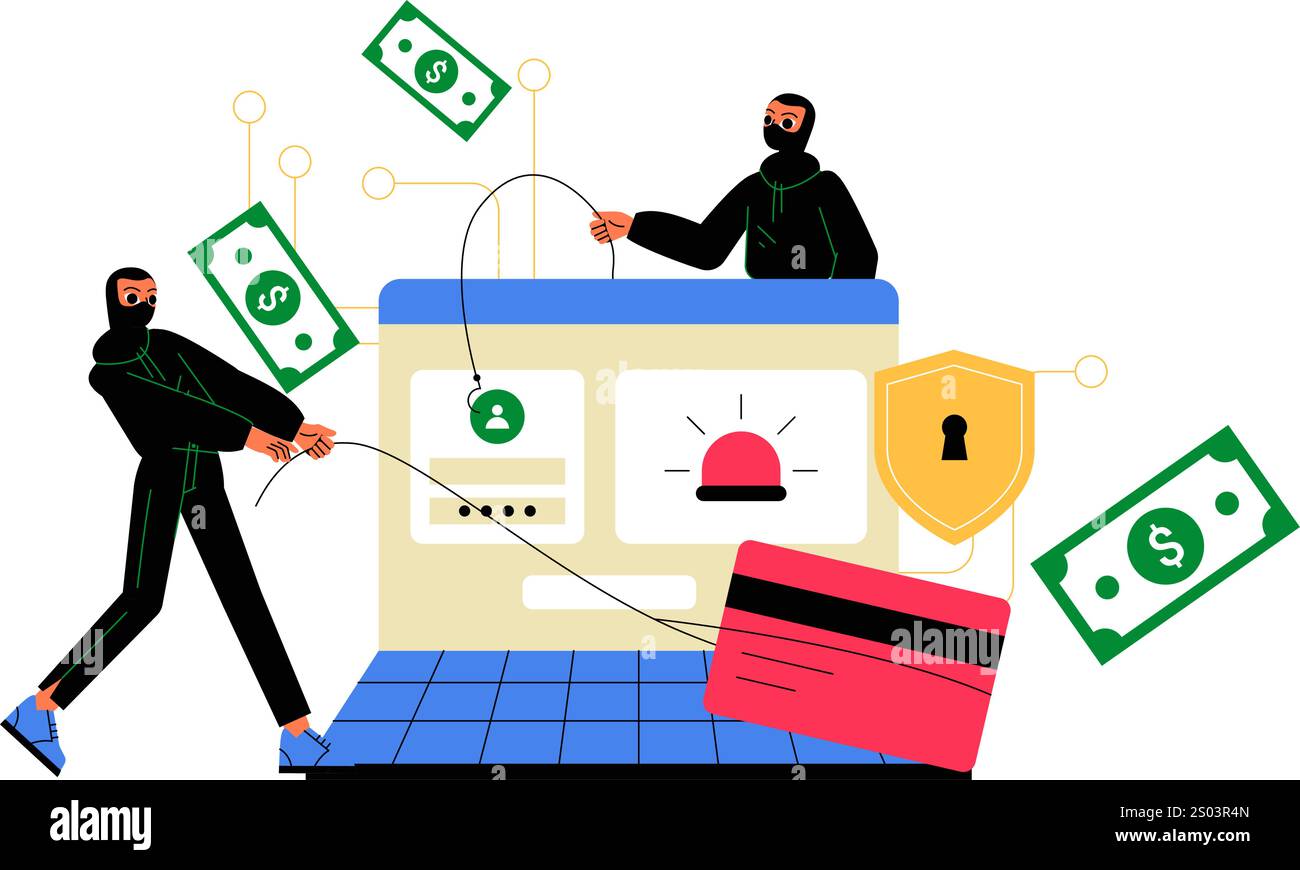 Hackers With A Fishing Rod And Credit Card Stealing Money In Flat Vector Illustration ...