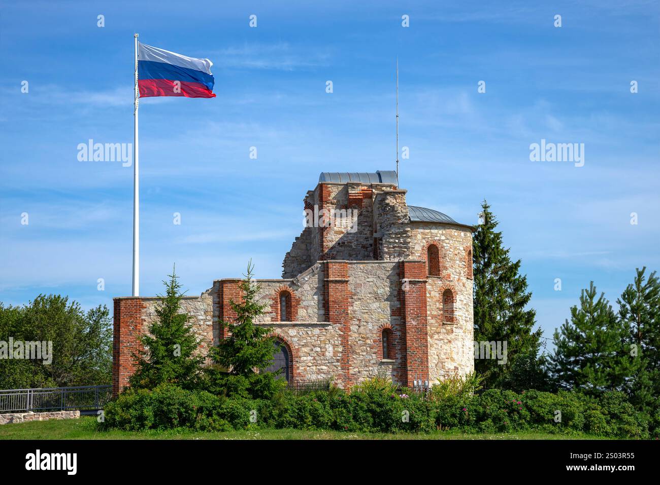 The flag of the Russian Federation at the ancient Church of the ...