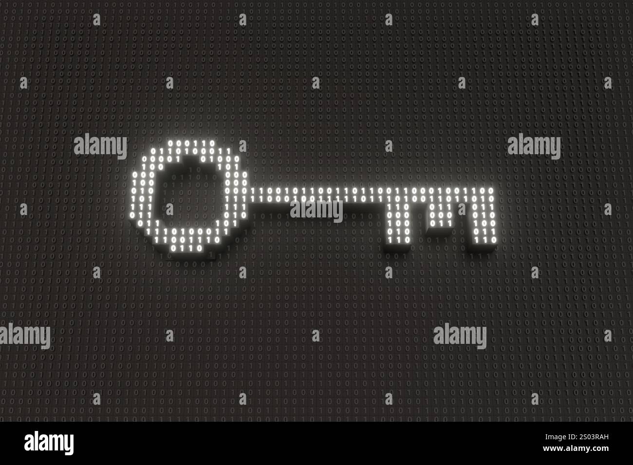 Glowing key embossed from a grid of dark binary number blocks. Concept of cybersecurity, data ...