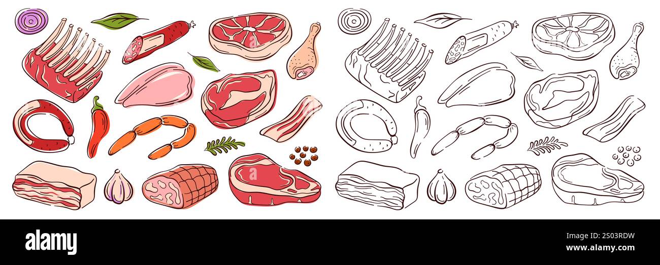 Set of meat products sausage, meat, steak, chicken leg, fillet, ribs ...
