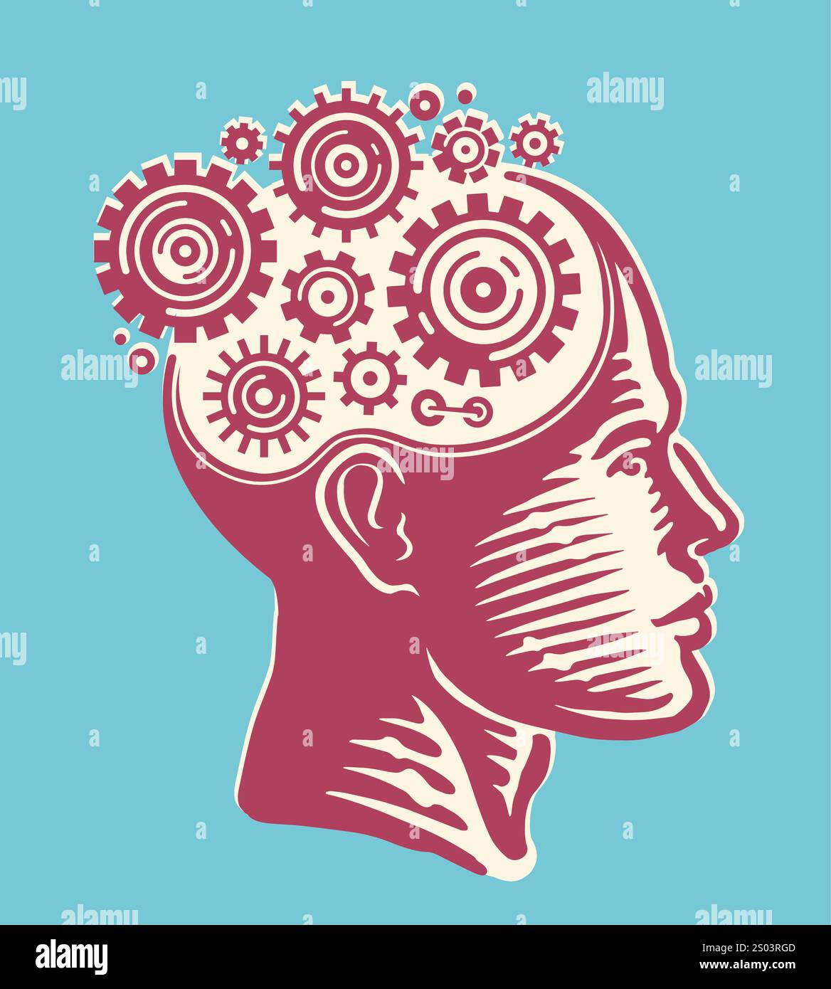 Rotating gears in head. Thinking brain, brainstorming, thoughts concept ...