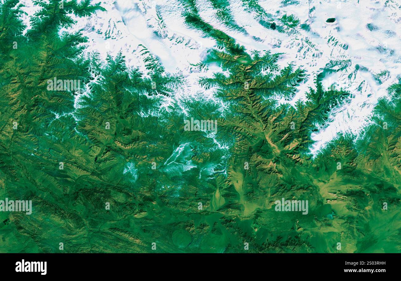Aerial view of the China-Mongolian border showing the Altai Mountains ...