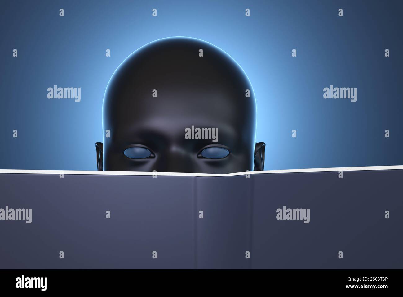 Backlit human head in a black silhouette hiding behind a hardcover book ...