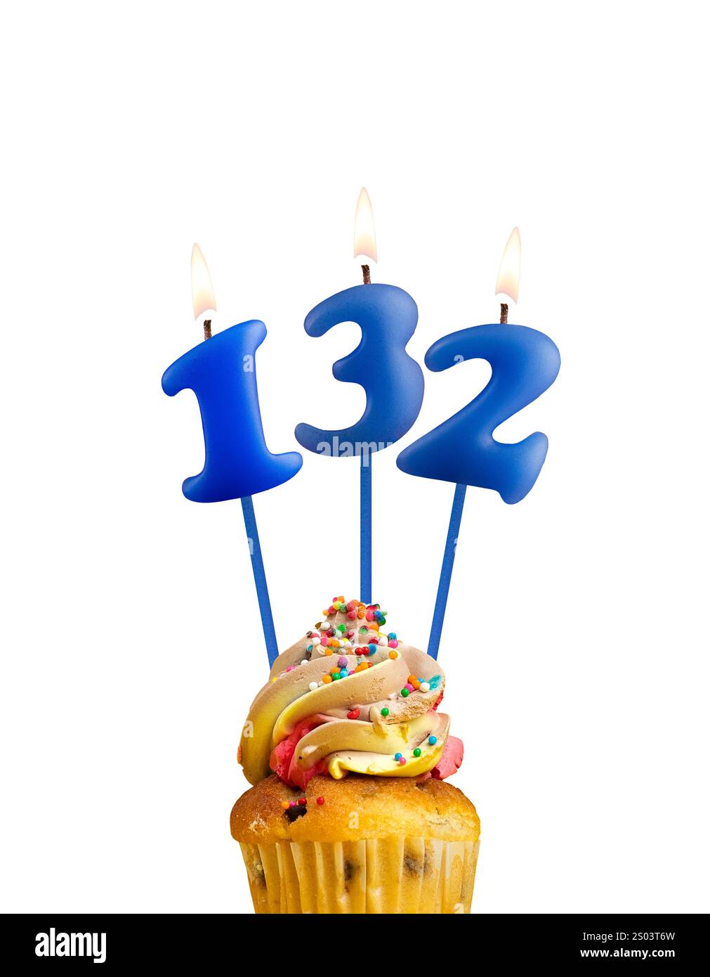 Candle in shape of the number 132 - Blue birthday on a white background ...