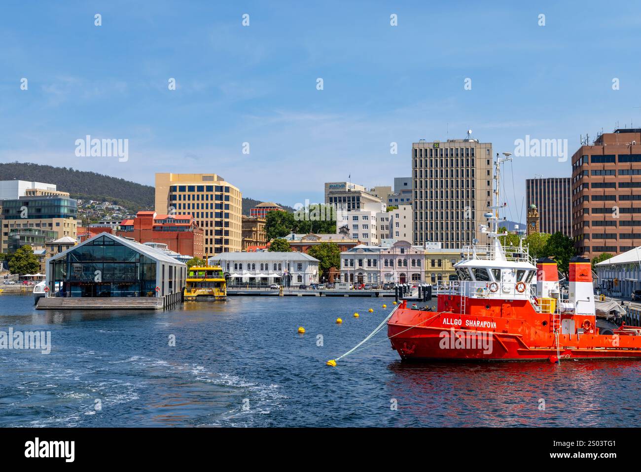 Hobart waterfront and city centre with Brooke street pier on the left ...