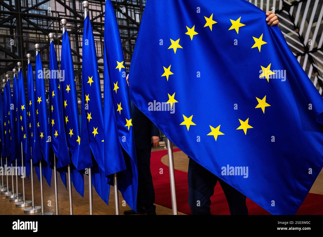 European flag during the Europa building with the lantern during the ...