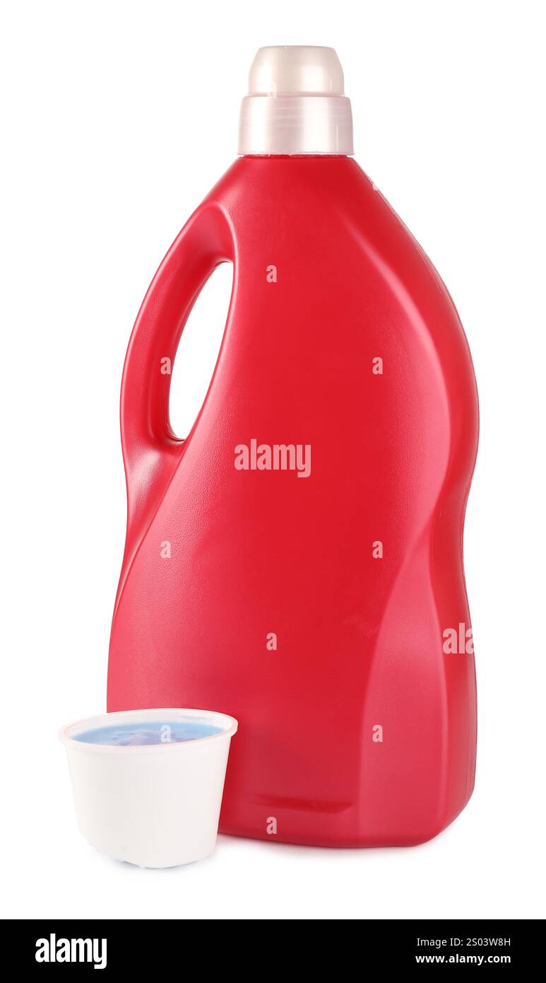 Bottle and cap with laundry detergent isolated on white Stock Photo - Alamy