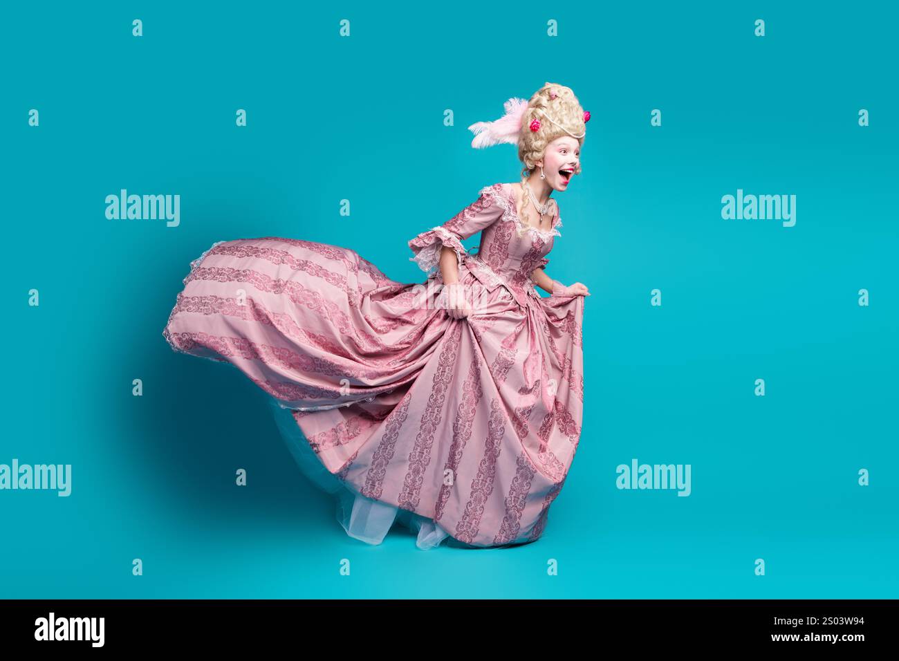 Full body portrait of medieval princess girl run empty space wear ...