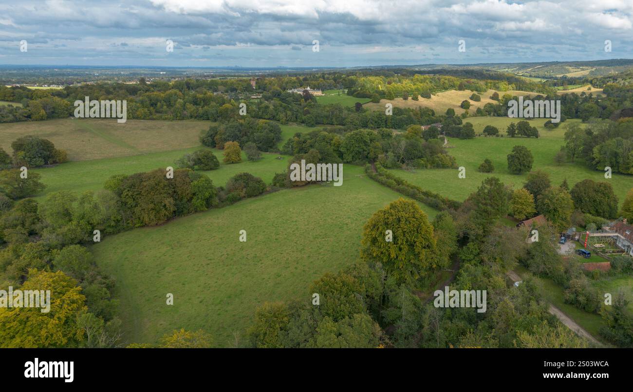 Aerial panoramic view of typical English countryside in the Surrey ...