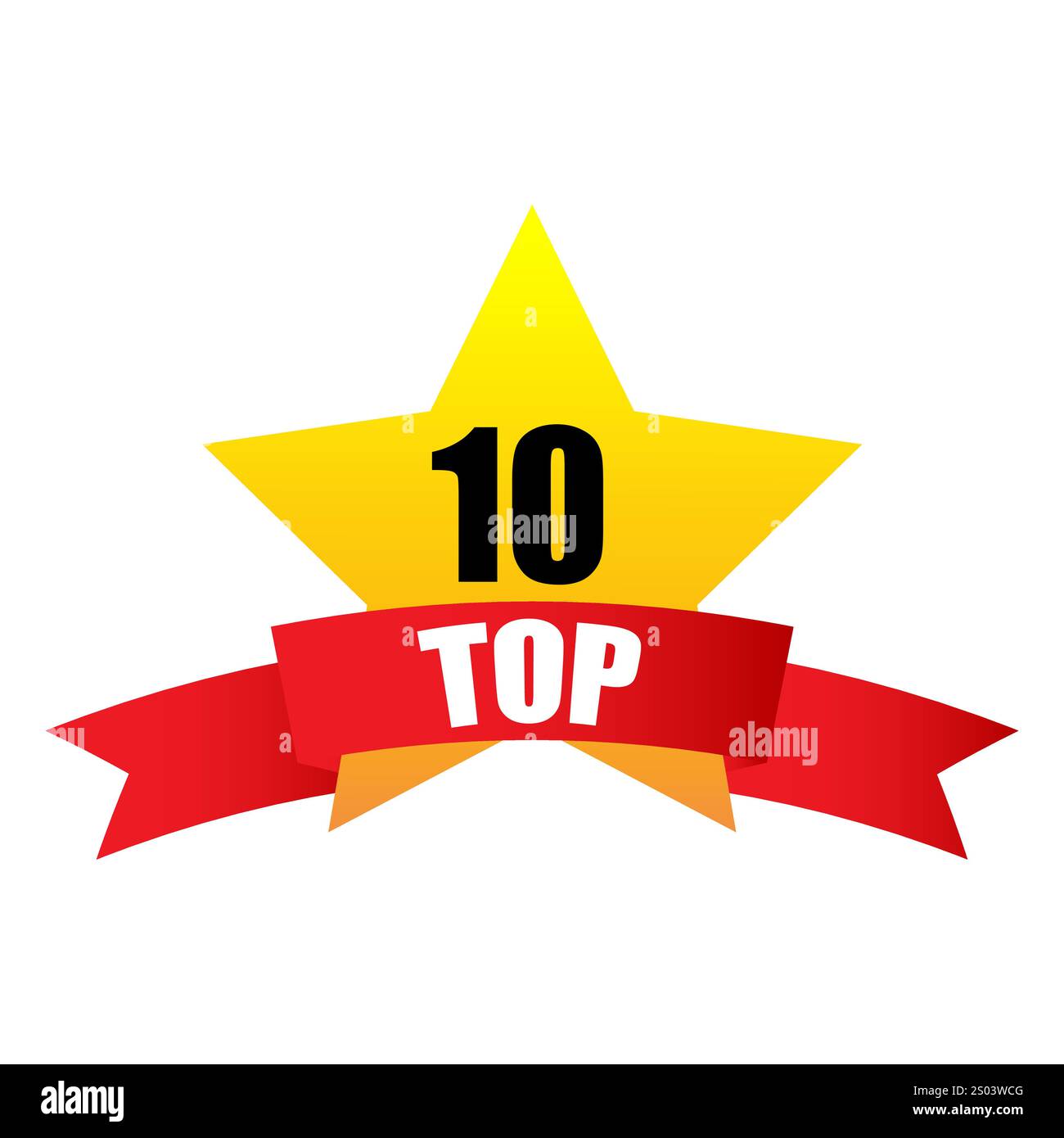 Golden star icon. Number ten and 10 badge. Bright red ribbon. Winning ...