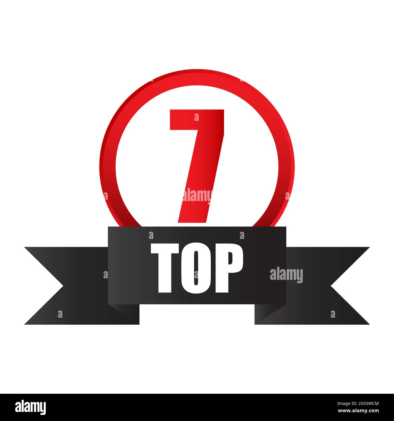 Number seven circle. Bold 7 in red. Top text with ribbon. Ranking ...
