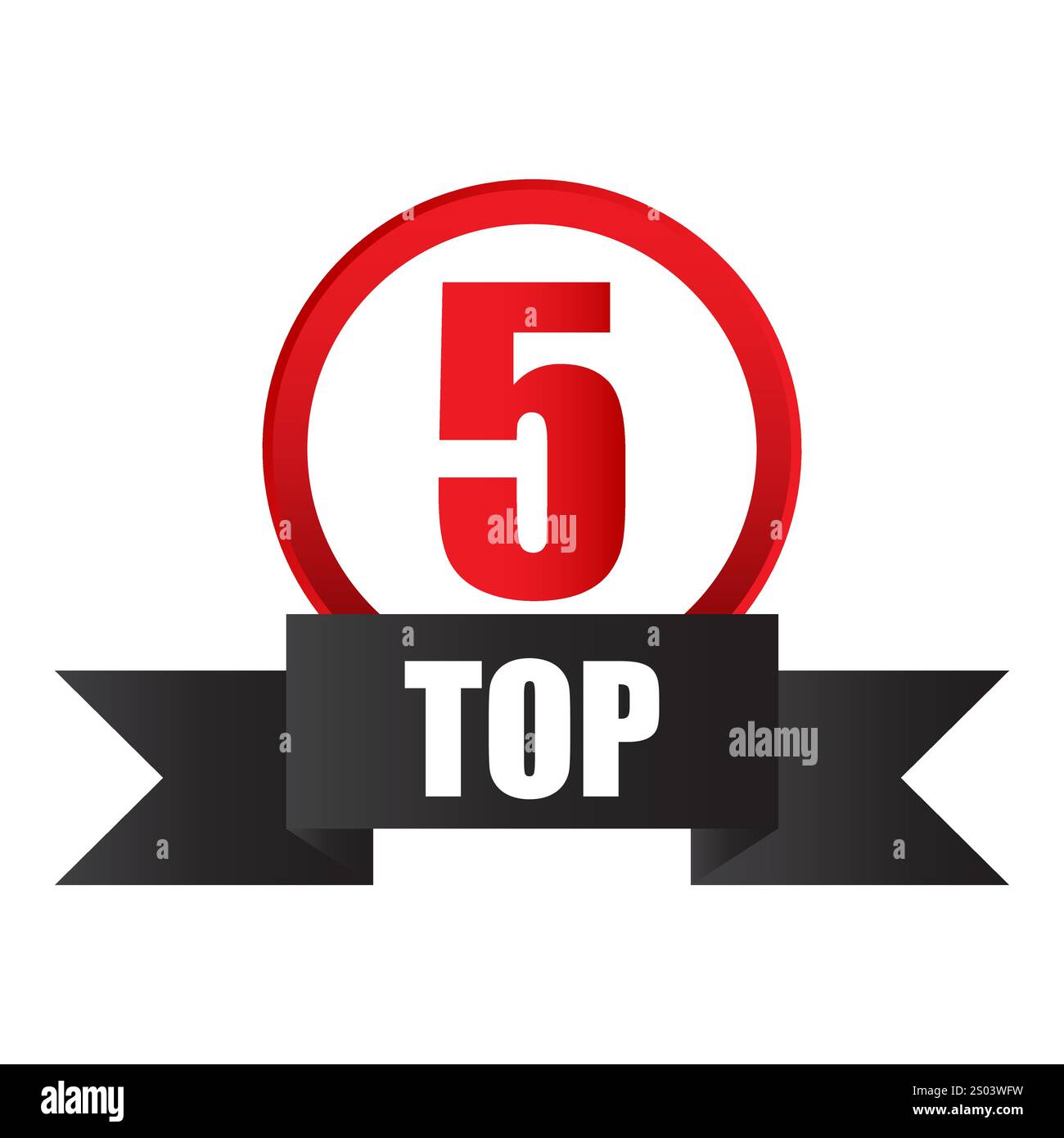 Number five circle. Bold 5 in red. Top text with ribbon. Victory symbol ...