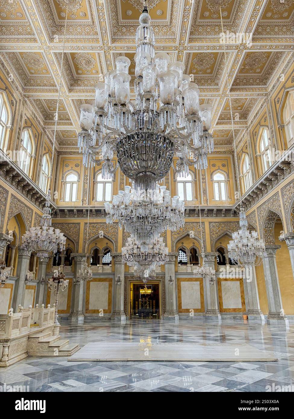 The crystal chandelier in Darbar Hall of Chowmahalla Palace in ...