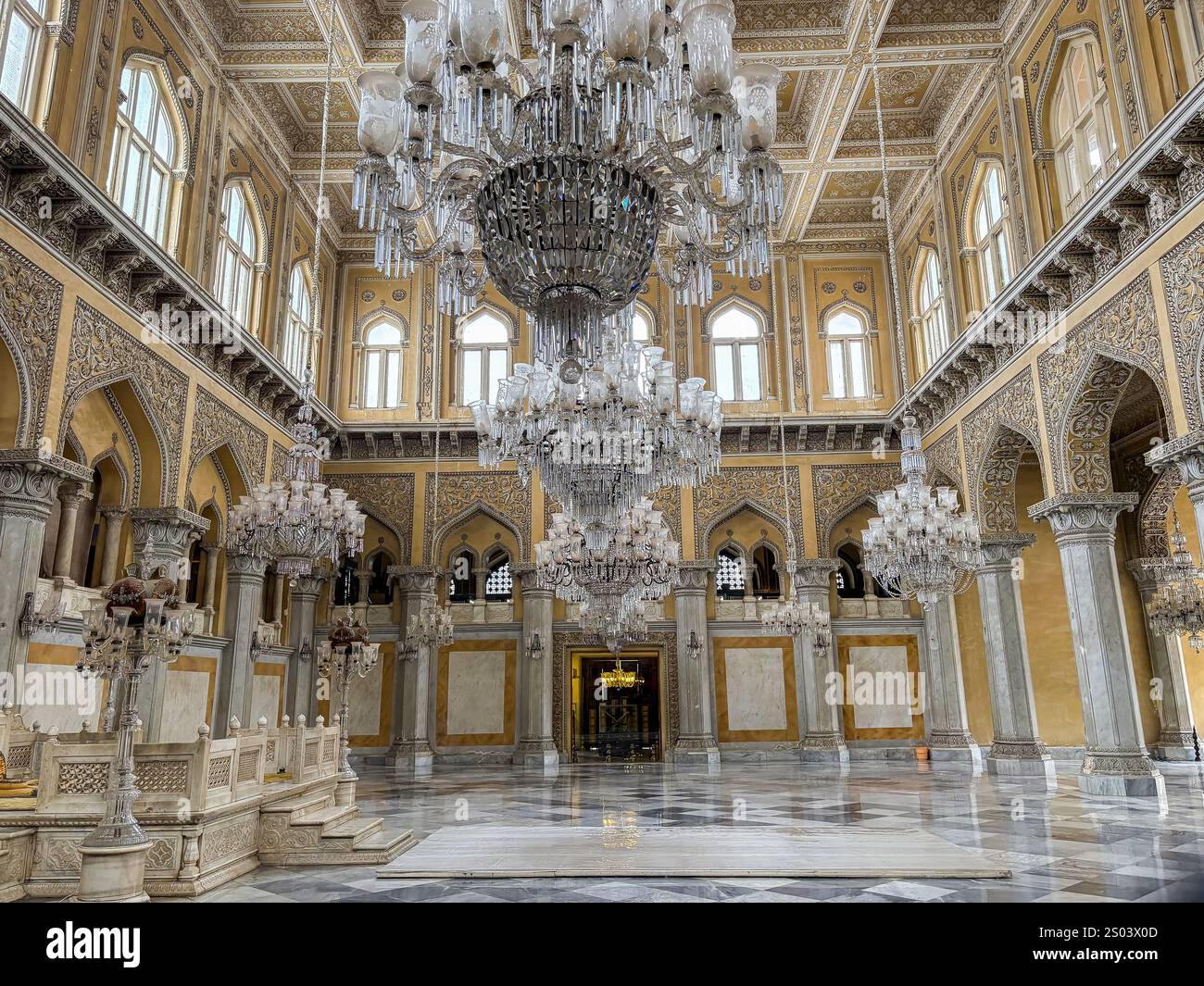 The crystal chandelier in Darbar Hall of Chowmahalla Palace in ...