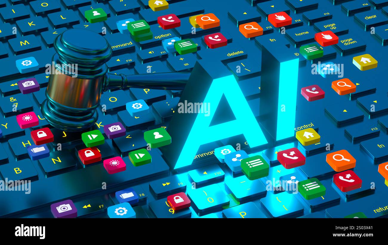 AI and law-themed 3D keyboard design symbolizing ethical and legal ...