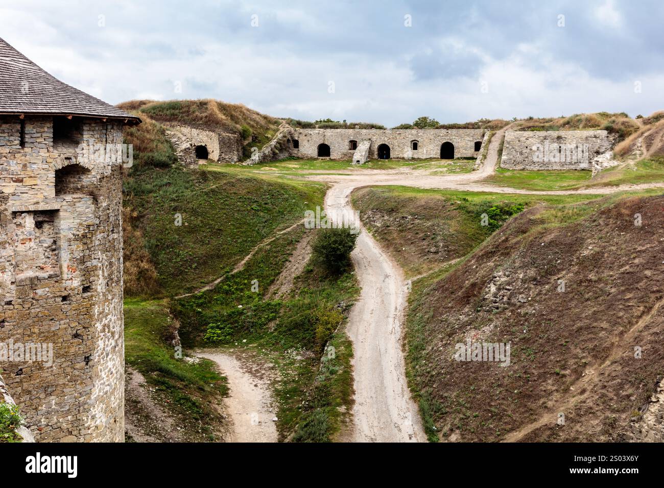 A castle with a path leading to it. The castle is surrounded by a hill ...
