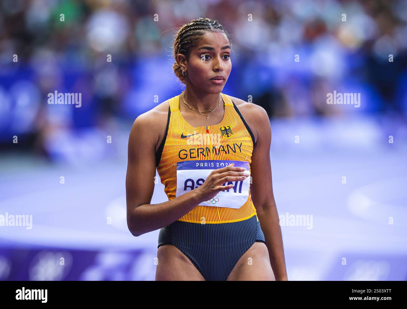 Mikaelle Assani participating in the long jump at the Paris 2024 ...