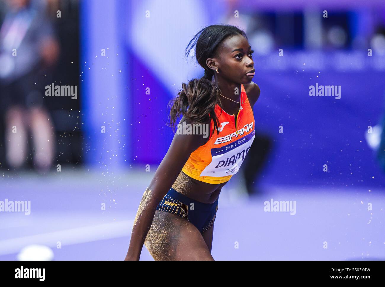 Fátima Diame participating in the long jump at the Paris 2024 Olympic ...