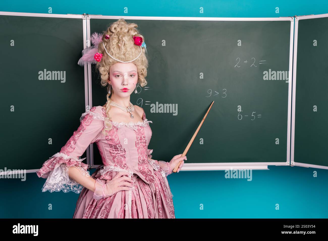 Photo of beautiful lovely lady wear medieval corset gown teach math ...