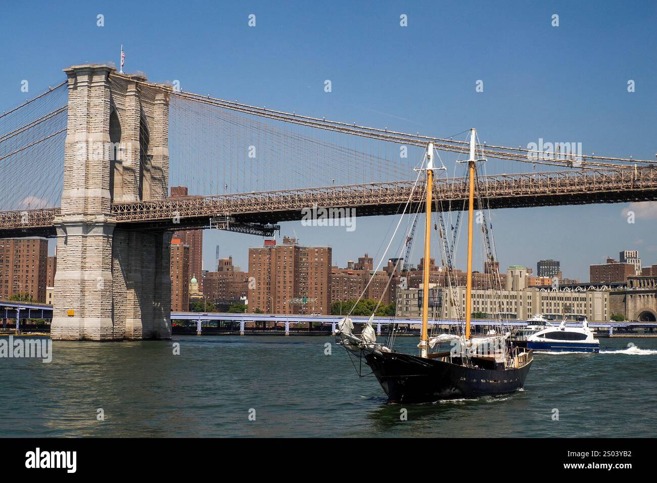 Brooklyn bridge new york manhattan view from East river boat cruise ...