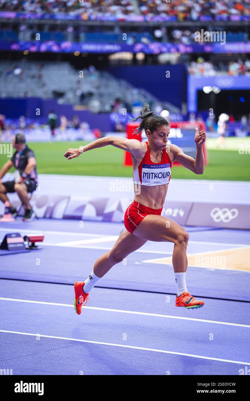 Plamena Mitkova participating in the long jump at the Paris 2024 ...
