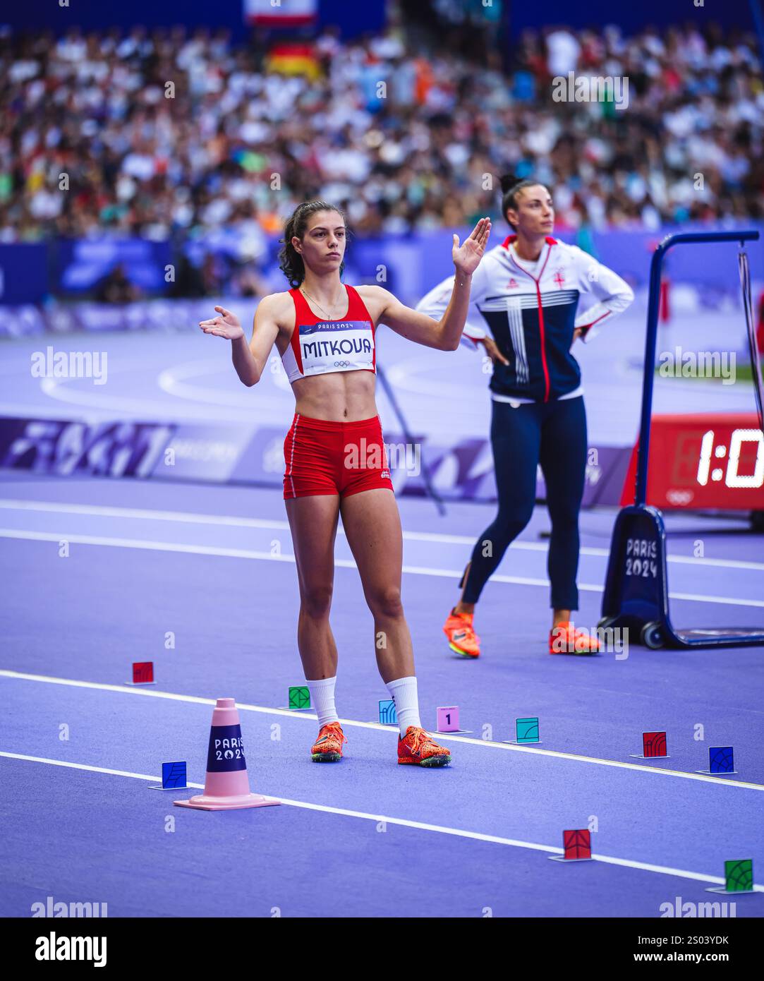Plamena Mitkova participating in the long jump at the Paris 2024 ...