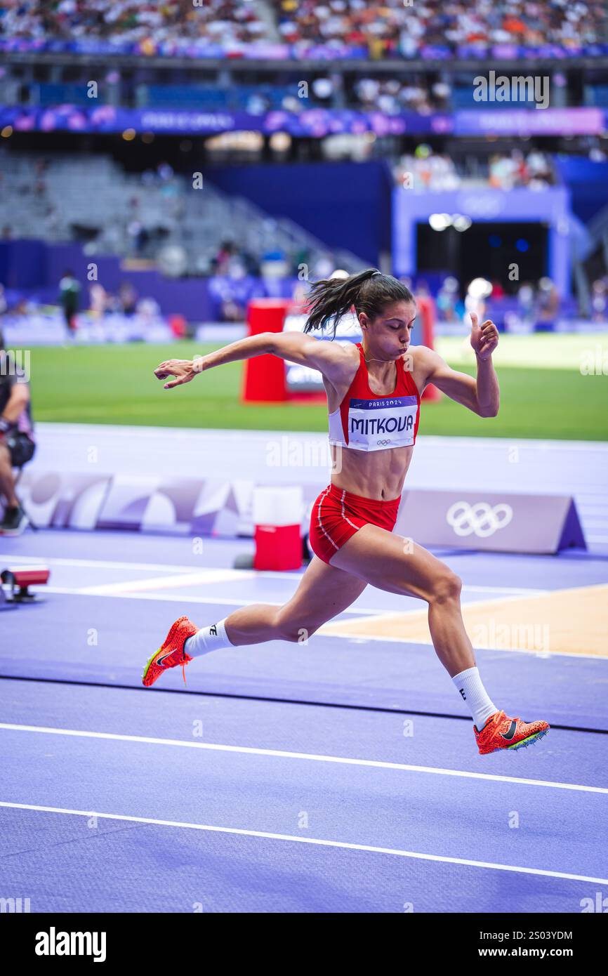 Plamena Mitkova participating in the long jump at the Paris 2024 ...