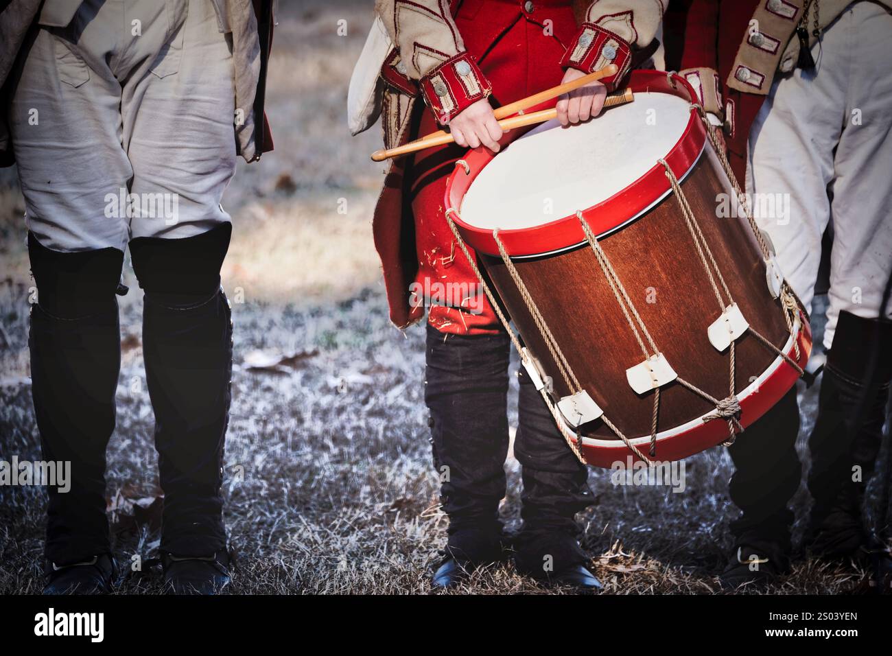 A field drummer holds thier drum sticks at a reenactment of the Battle ...