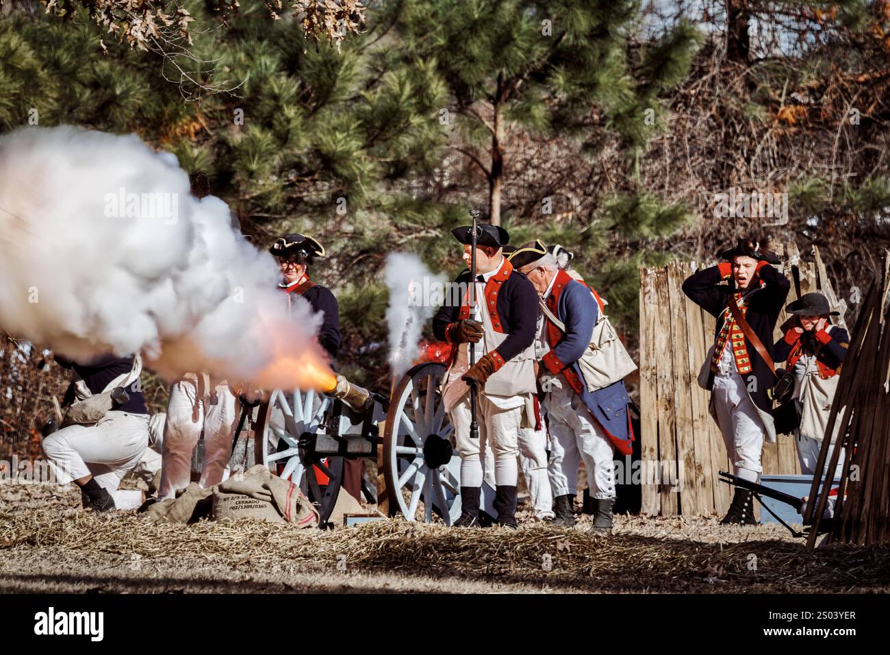 A reenactment of the Battle of Great Bridge, of the American Revolution ...